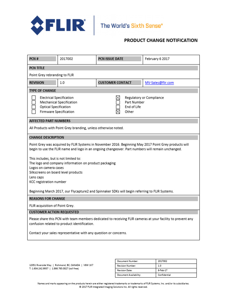 PCN2017002 - Point Grey Rebranding To FLIR | PDF | Trademark