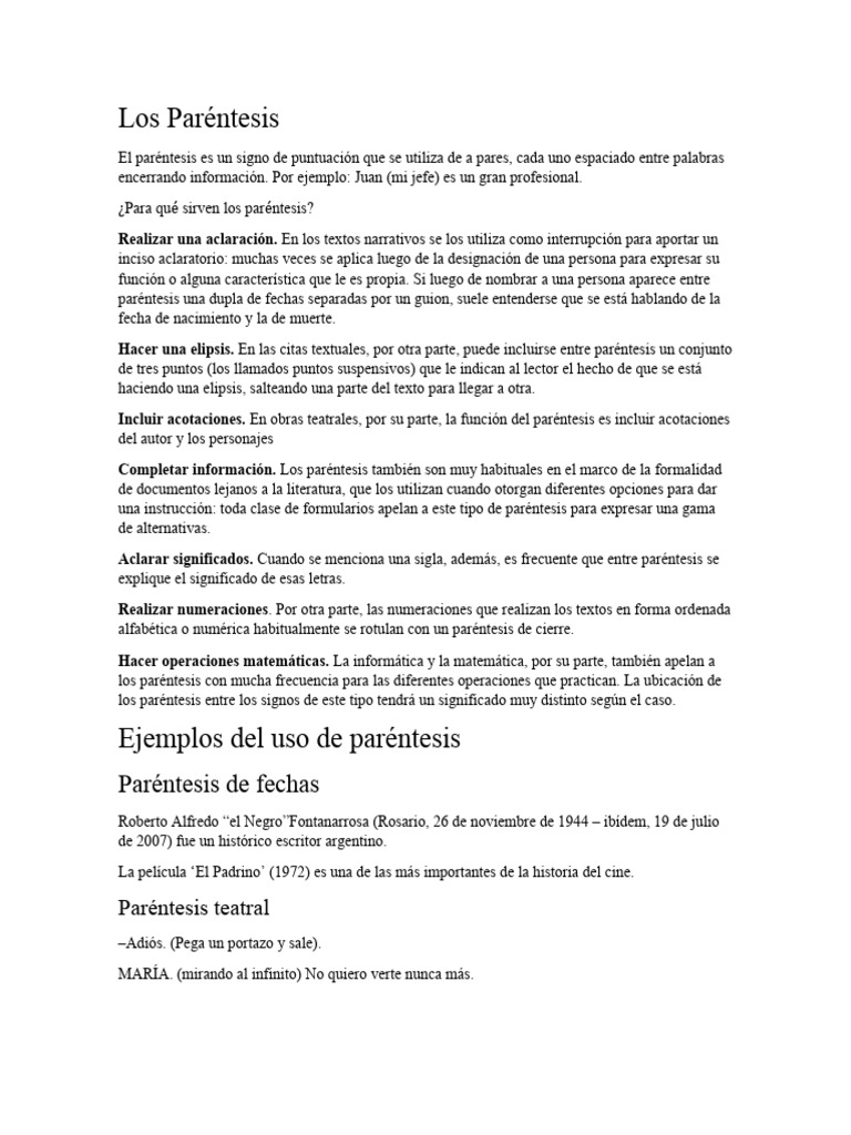 Usos y Ejemplos de Paréntesis | PDF | Soporte | Comillas