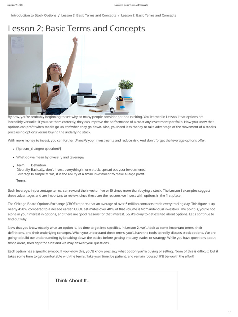 Lesson 2 - Basic Terms and Concepts | PDF | Option (Finance) | Diversification (Finance)