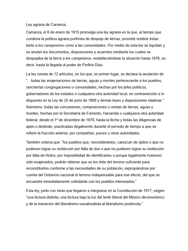 Ley Agraria de Carranza: Restitución de Tierras | PDF