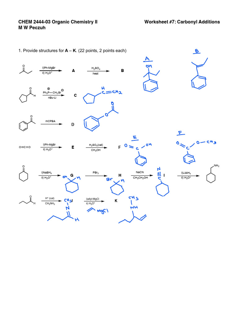 Carbonyl Additions Worksheet for Organic Chemistry | PDF | Carbon ...