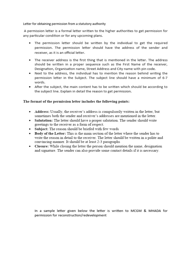 Letter For Obtaining Permission From A Statutory Authority | PDF