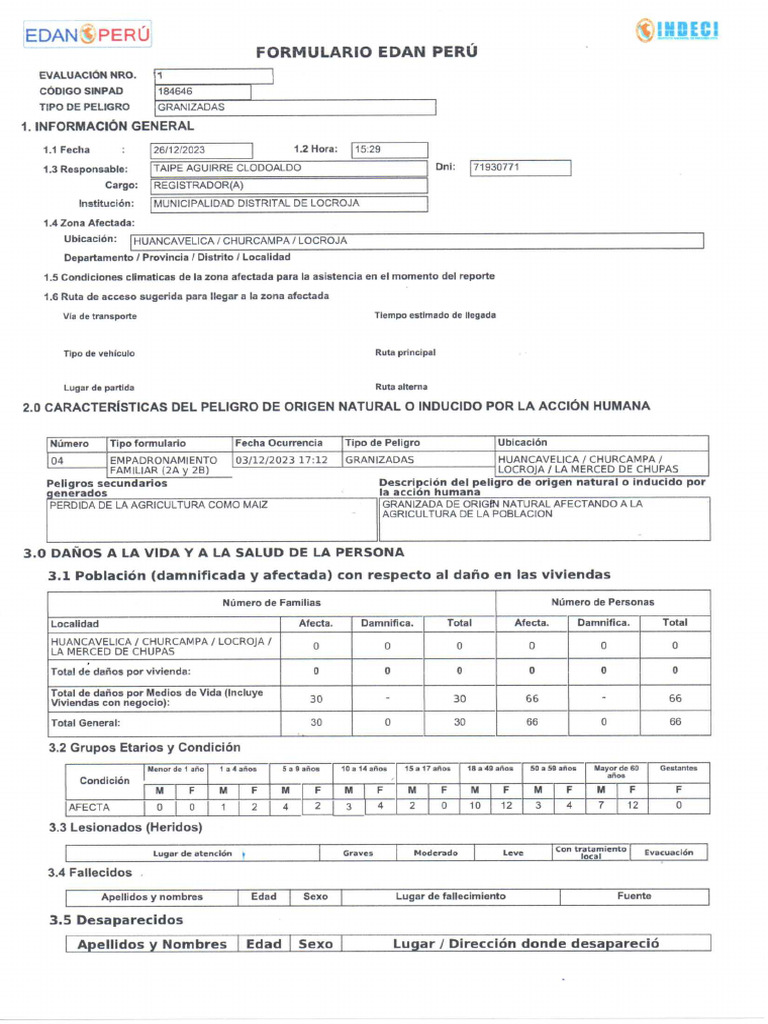 Formulario Edan Granizada | PDF