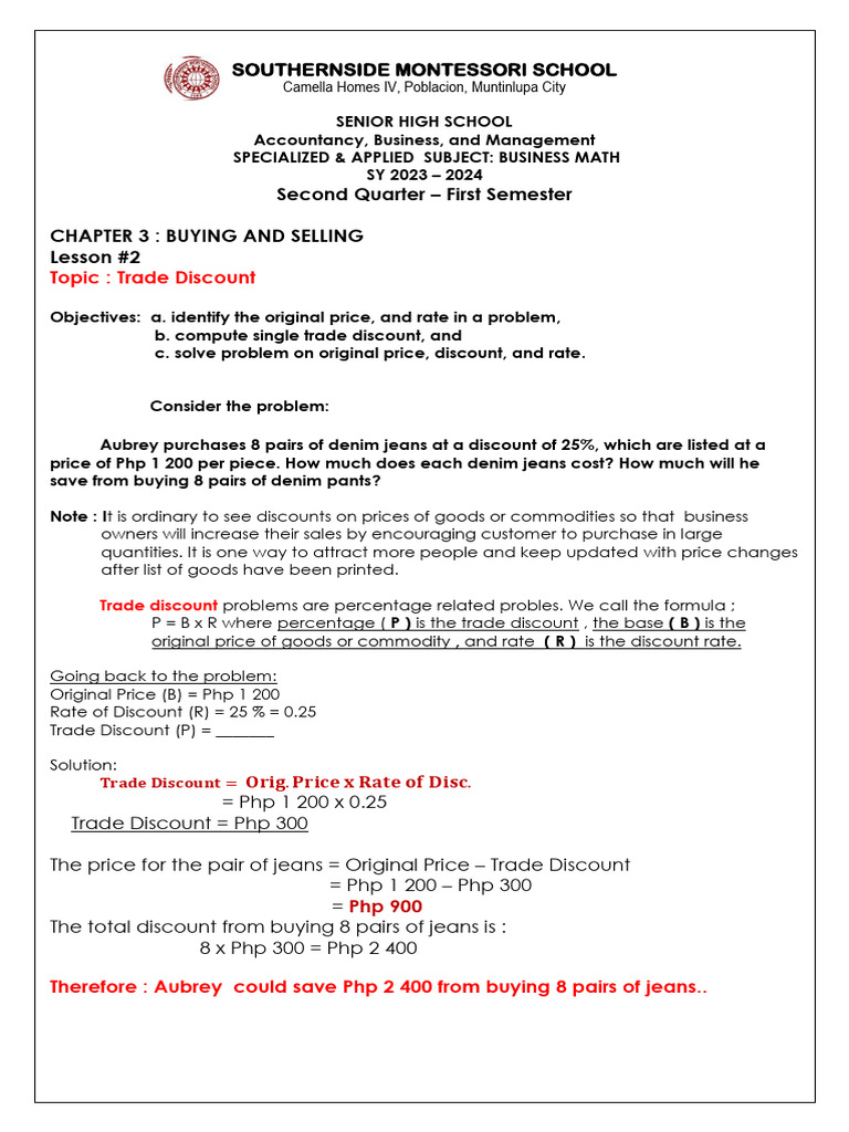 Lesson #2 (2nd QTR - 1st Sem) Trade Discount | PDF | Discounts And ...