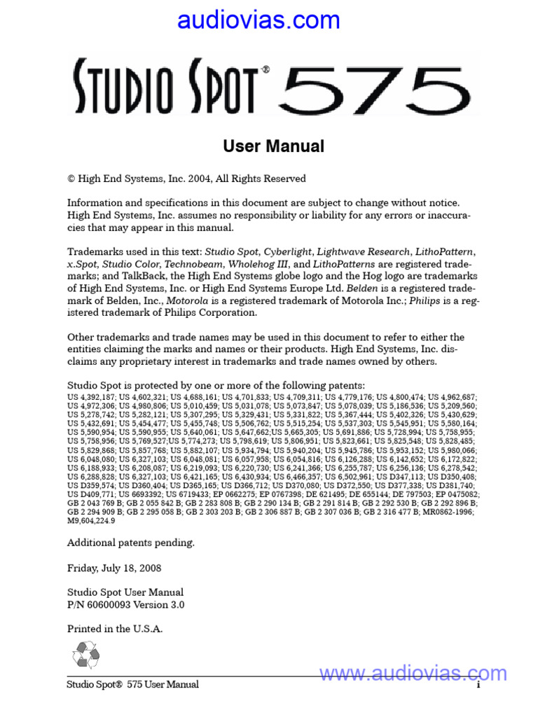 High End Studio Spot 575 Manual de Usuario | PDF | Menu (Computing) | Implied Warranty