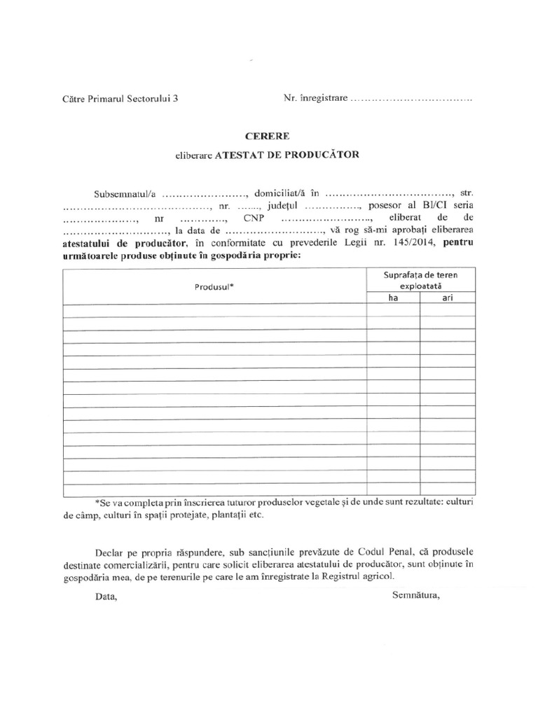 Cerere Eliberare Atestat de Producator | PDF