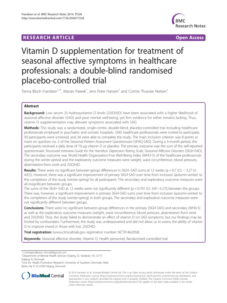 Vitamin D for Seasonal Affective Disorder | PDF | Vitamin D | Major ...