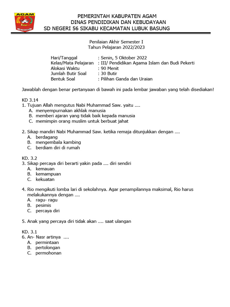 SOAL PAS 1 PAI KELAS 3 Untuk KK Ayu | PDF