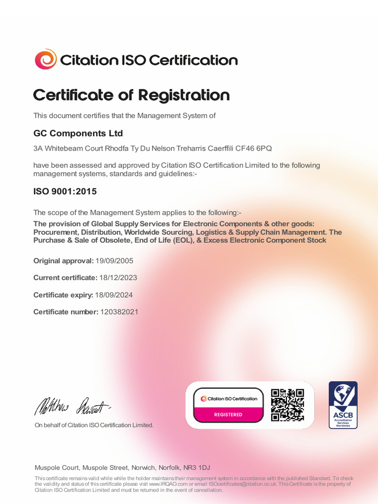 ISO 9001 - 2015 Certificate GC Components (2024) | PDF