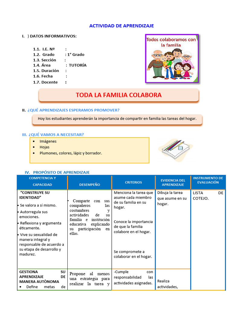 D1 A2 SESION TUT. TODA LA FAMILIA COLABORA (1) | PDF | Evaluación | Aprendizaje