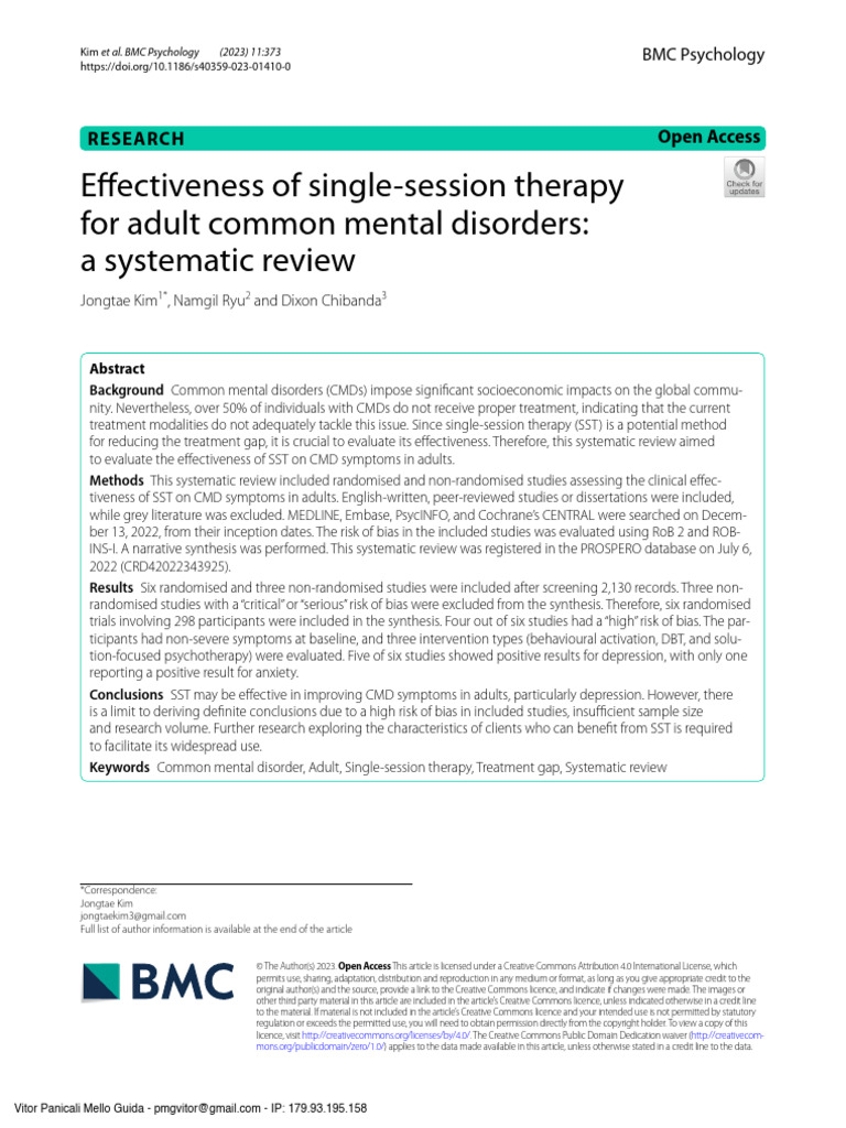 Effectiveness of Single-Session Therapy For Adult Common Mental ...