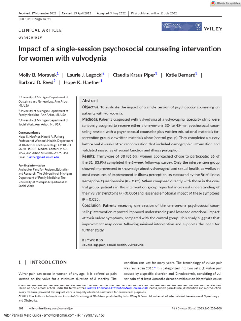 Intl J Gynecology Obste - 2022 - Moravek - Impact of a single‐session psychosocial counseling ...