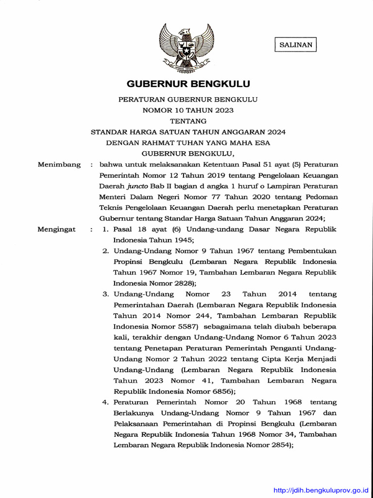 Pergub 10 Tahun 2023 Tentang Standar Harga Satuan Tahun Anggaran 2024 | PDF