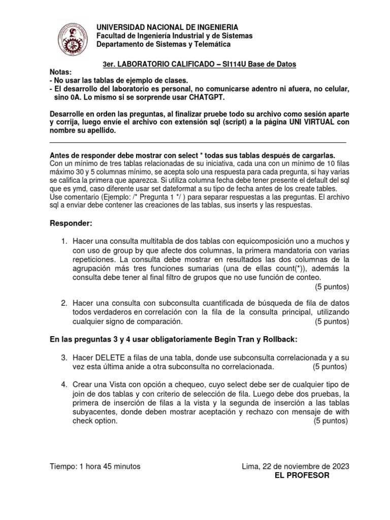 Si 114 U 3 Lab 232 | PDF | SQL | Recuperación de información