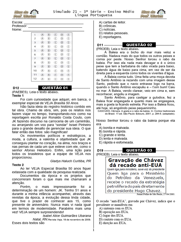 Simulado 21 - (Port. 3 Série E.M - Blog Do Prof. Warles) | PDF | Paris ...