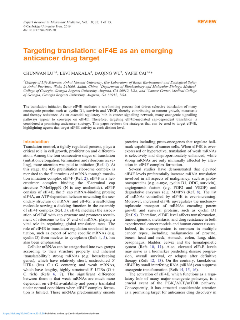 eIF4E: A Target for Cancer Therapy | PDF | Messenger Rna | Translation ...
