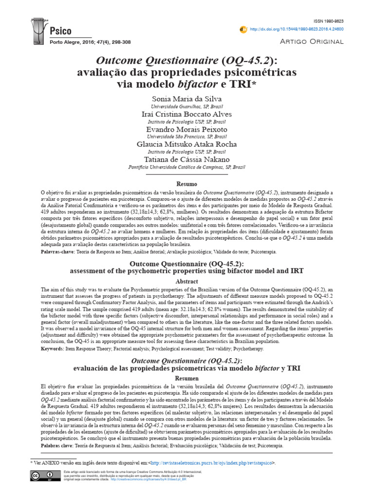 OQ45.2 Outcome Questionnaire | PDF | Psicologia | Psicoterapia
