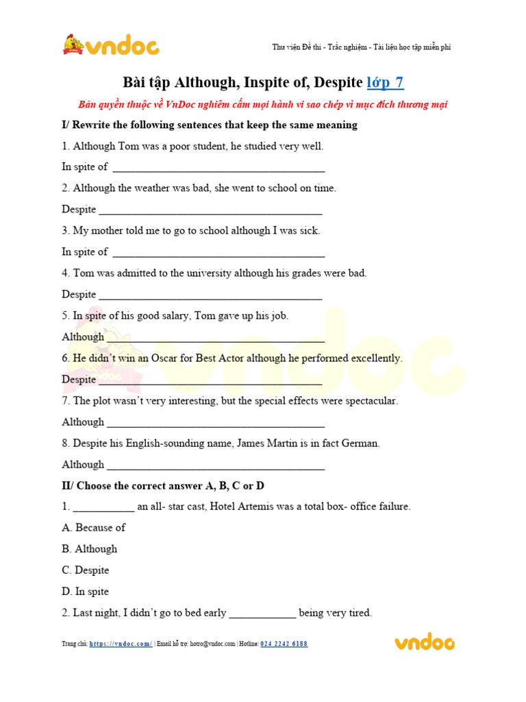Lớp 7: Bài Tập Although, Despite | PDF