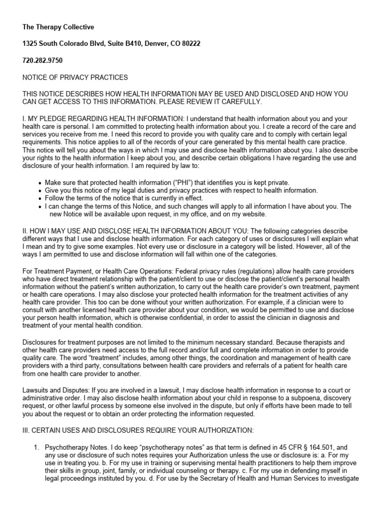 Notice of Privacy Practices | Download Free PDF | Psychotherapy ...