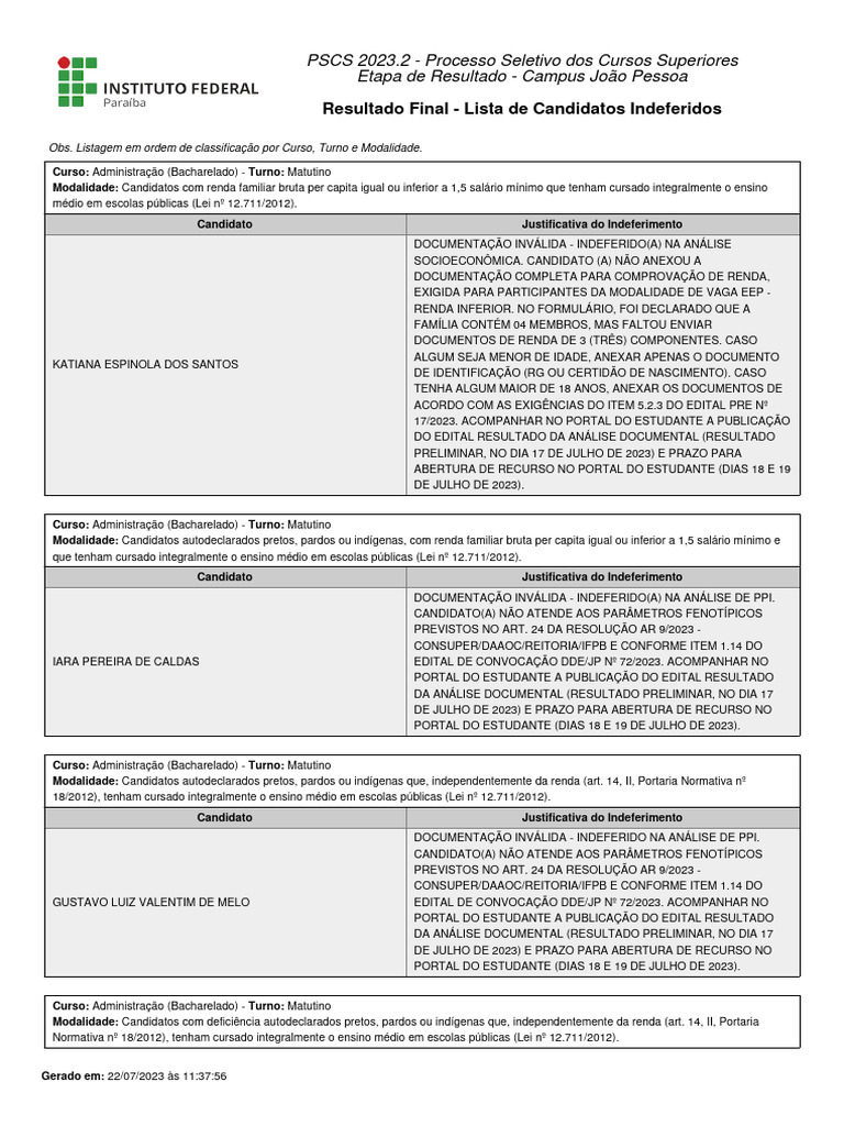 PSCS 2023.2 - 1a Chamada - Indeferidos - Superiores | PDF