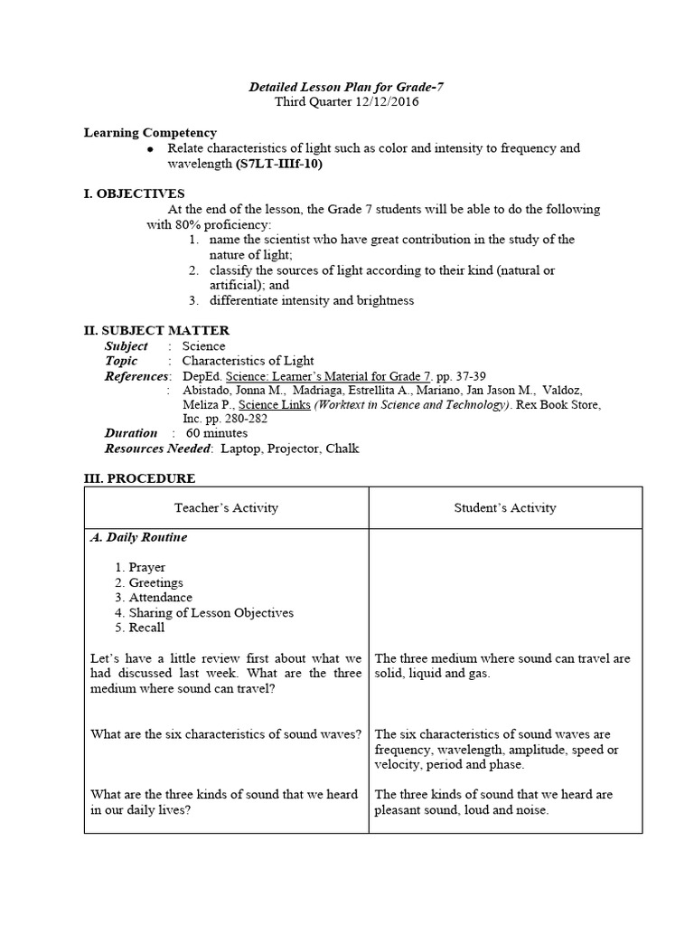 Lesson Plan in Characteristic of Light Grade7 | PDF | Light | Sound