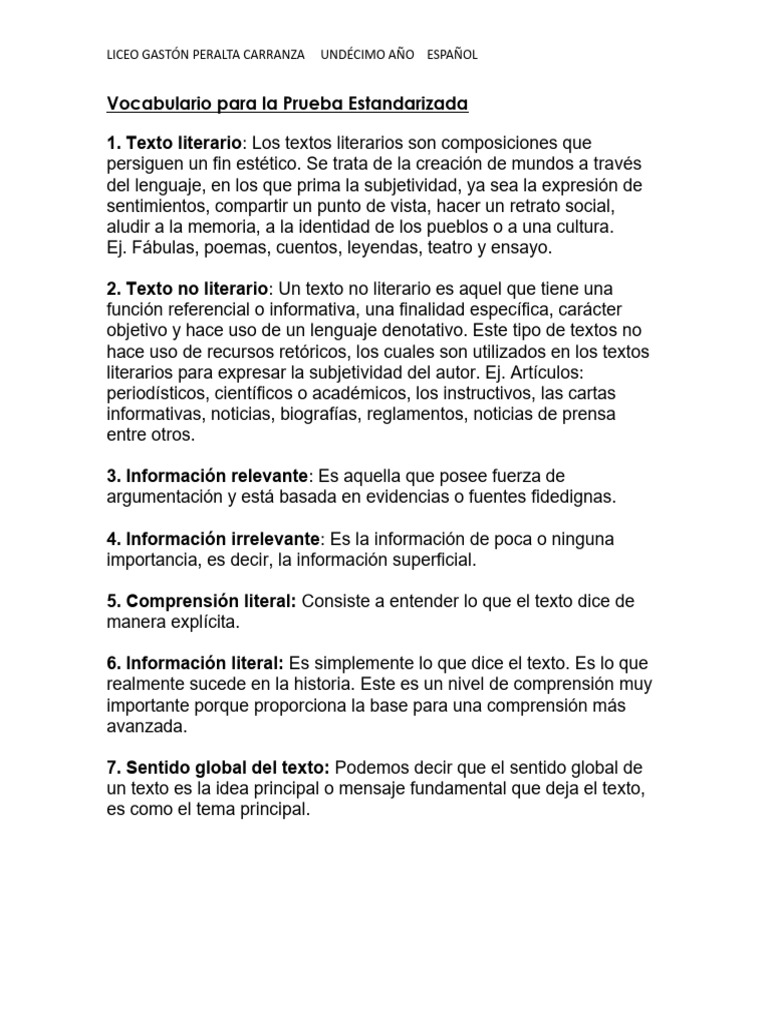 Vocabulario para La Prueba Estandarizada | PDF | Pensamiento | Comunicación