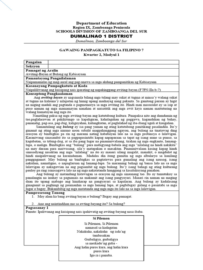 FIL 7 - Kwarter 2, Modyul 1. PINAL | PDF