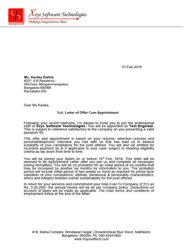 Appointment Letter Xsys | PDF | Bangalore | Justice