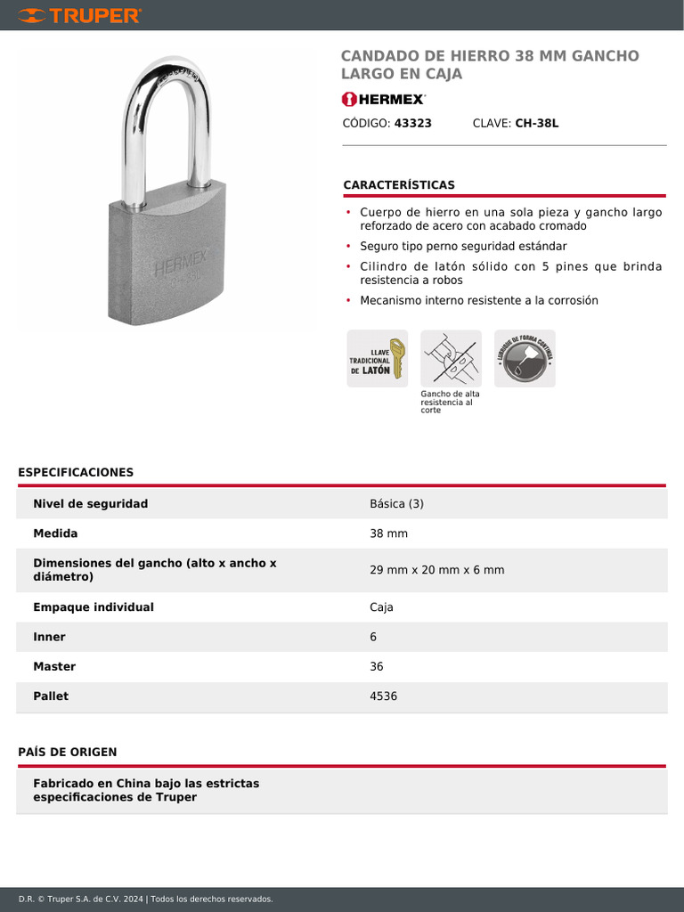 Ficha Tecnica Candado de Hierro Arco Normal 38MM Hermex 43323 | PDF