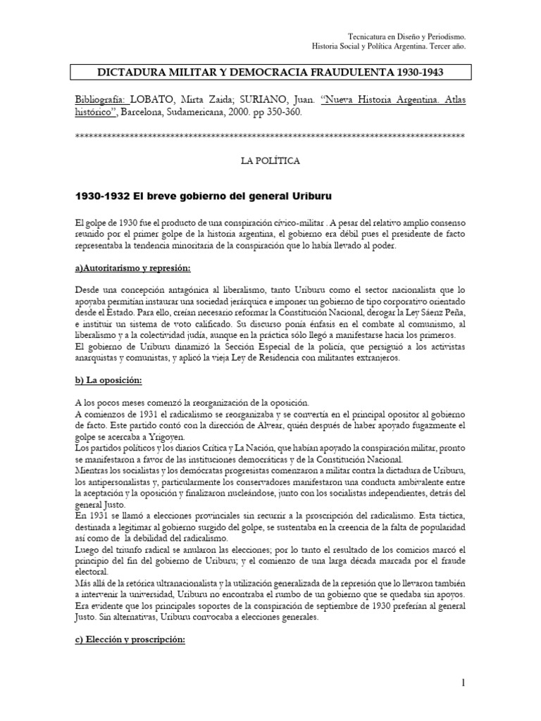 H.A. Dictadura Militar y Democracia Fraudulenta 1930-1943 | PDF | Gobierno | Ciencias Políticas