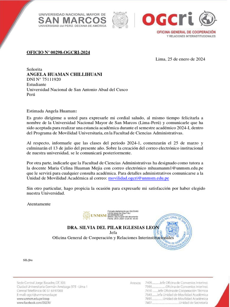 0298-Ogcri - 2024-Carta de Aceptacion 2024-1 - Angela Huaman Chillihuani (F) | PDF