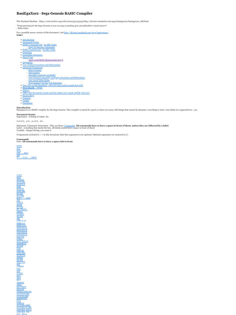 BasiEgaXorz - Sega Genesis BASIC Compiler - v1.37 Documentation | PDF | Control Flow | Parameter ...