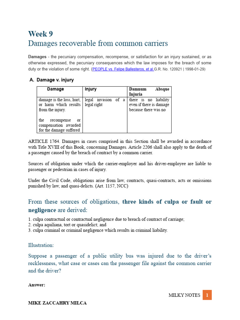 Transportation Milky Notes | PDF | Damages | Bill Of Lading