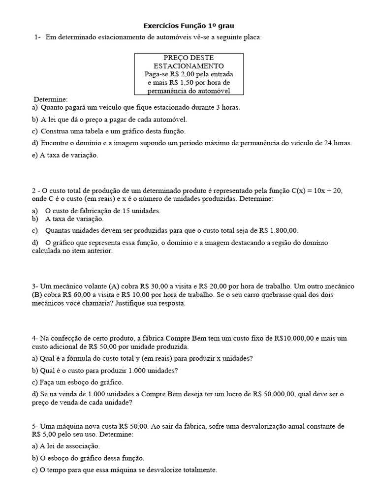 Exercícios Função 1º Grau e Constante | PDF | Carro | Função (Matemática)