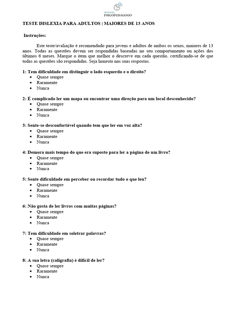 Teste de Dislexia para Adultos | PDF | Dislexia