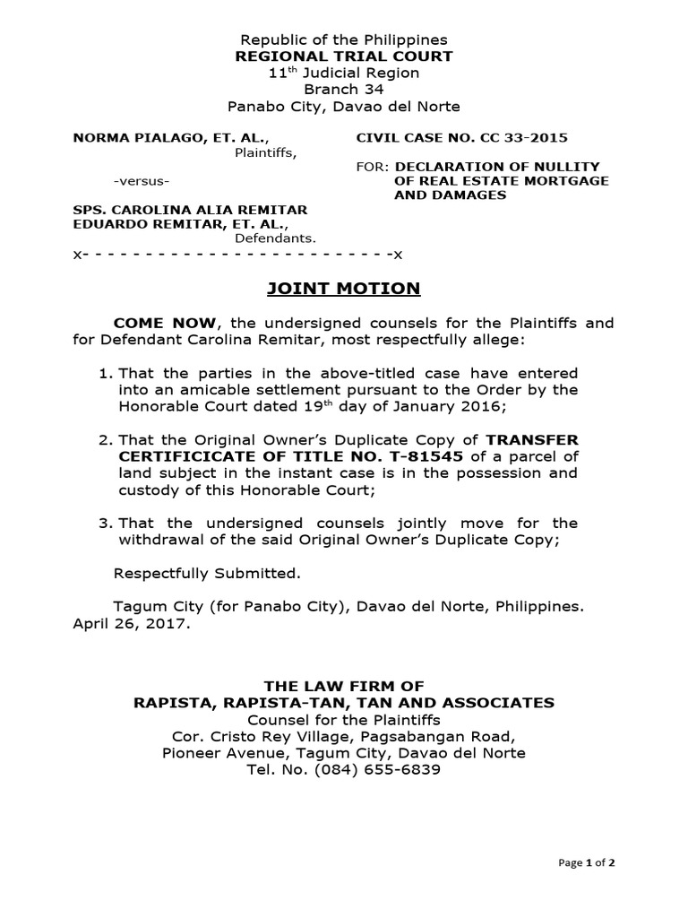 Joint Motion Pialago Remitar | PDF | Justice | Crime & Violence