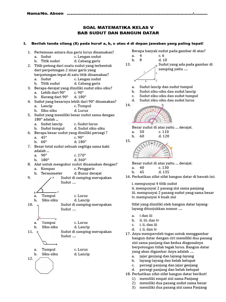 Soal Matematika Kelas V Sudut dan Bangun Datar | PDF