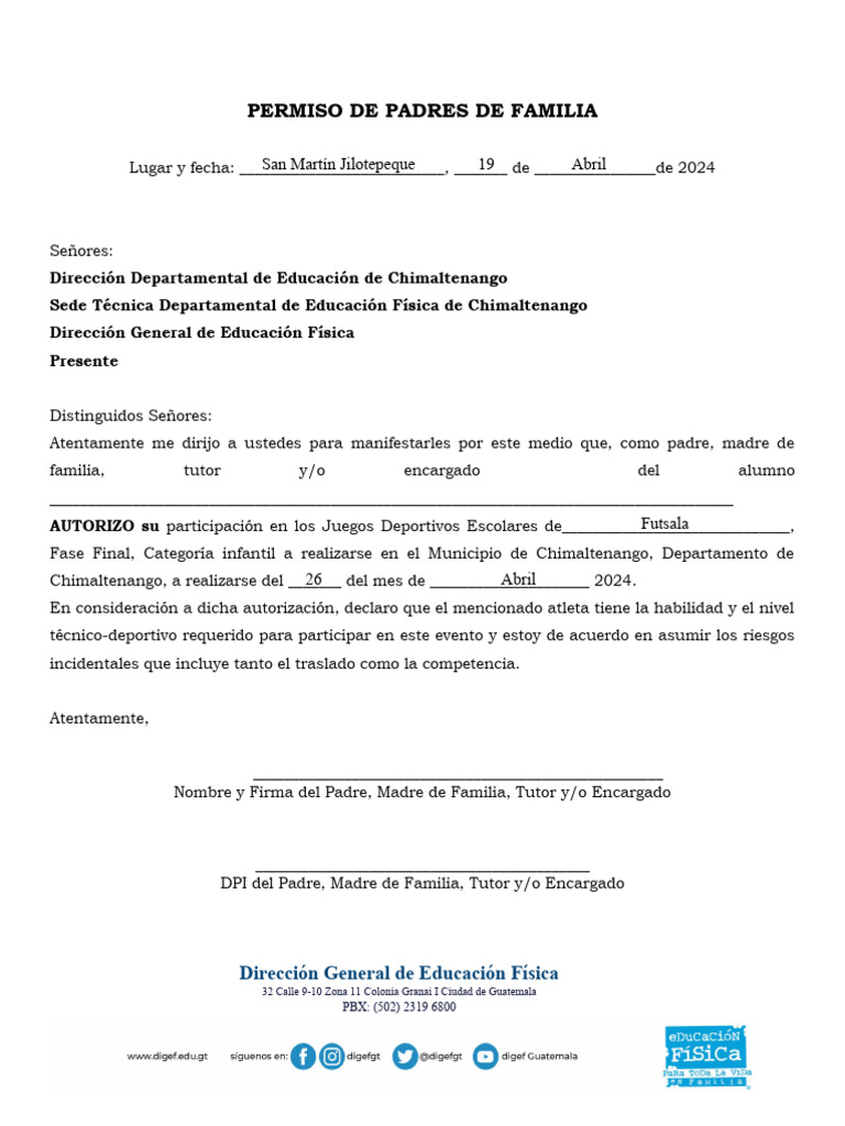 Permiso Padres de Familia 2024 | PDF