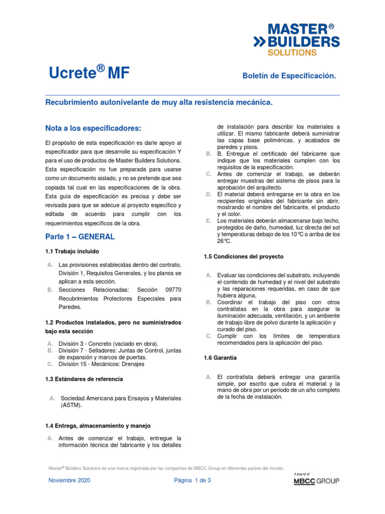 Ucrete MF - Boletín Especificación | PDF | Hormigón | Revestimiento