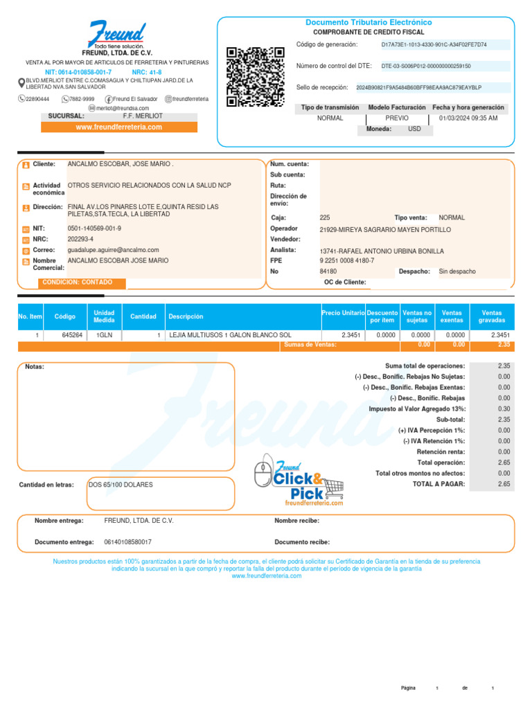 Freund, Ltda. de C.V.: NIT: 0614-010858-001-7 NRC: 41-8 | PDF | Economias