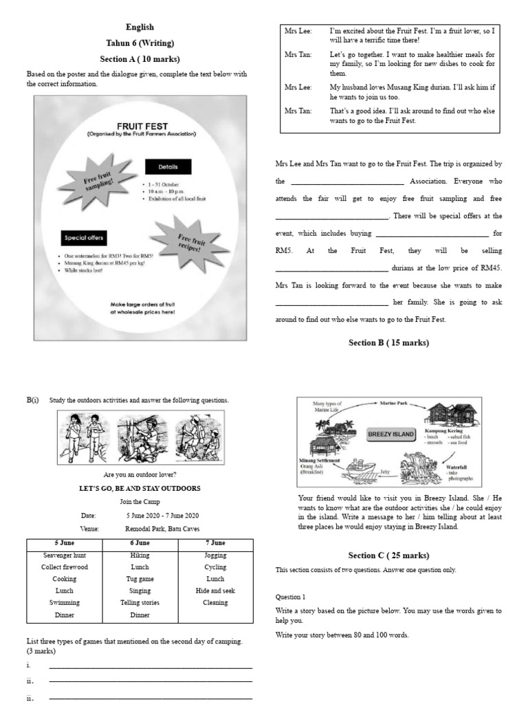 Ujian Bahasa Inggeris Tahun 6 - May (Writing) | PDF
