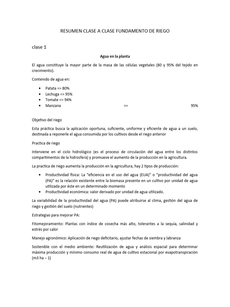 Resumen Clase A Clase Fundamento de Riego | PDF | Riego | Agua