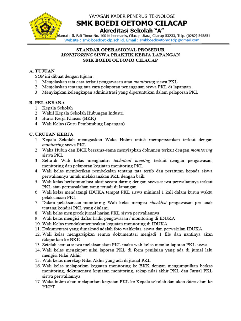 SOP Monitoring PKL SMK Boedi Oetomo | PDF