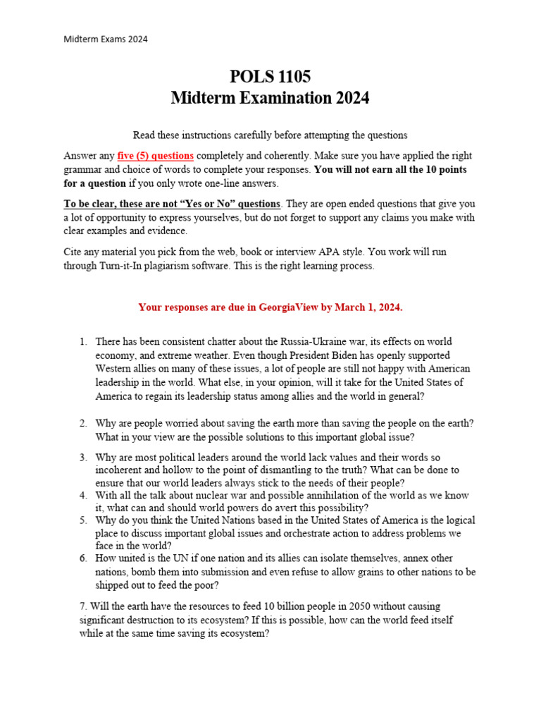 POLS 1105 Midterms 2024 | PDF | Social Science
