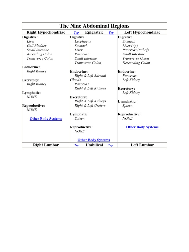 The Nine Abdominal Regions: Right Hypochondriac Epigastric Left ...