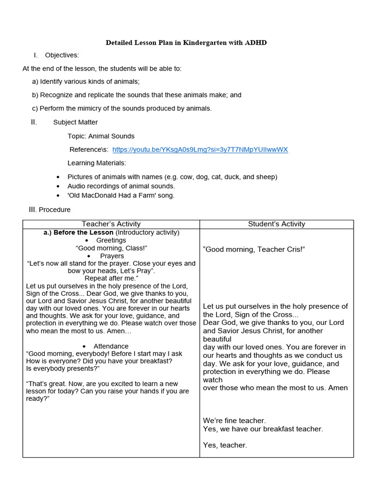 Detailed Lesson Plan in Kindergarten With ADHD | PDF | Old Mac Donald ...