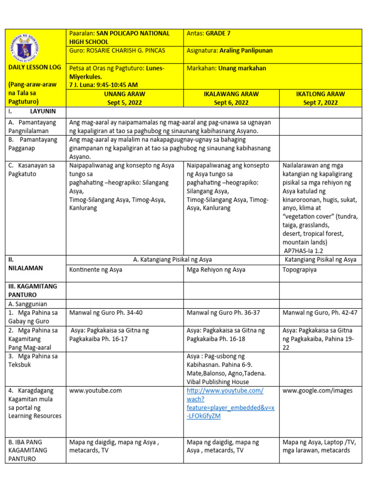 DAILY LESSON LOG AP 7 W2 | PDF