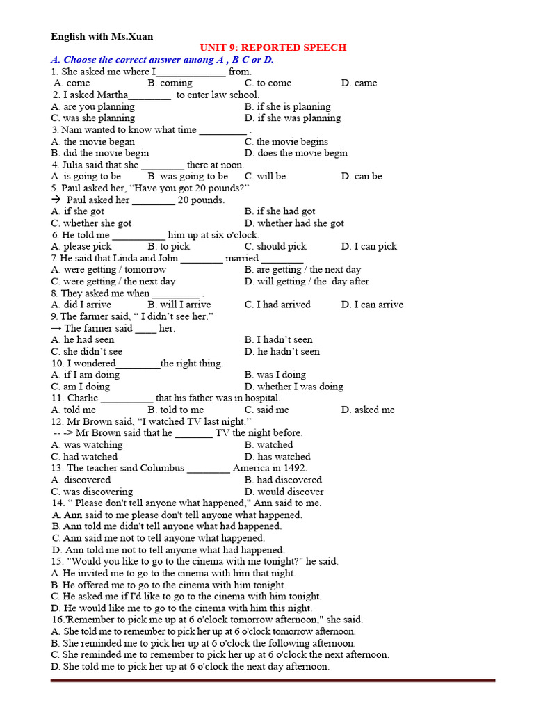 Reported Speech Exercises for English Learners | PDF