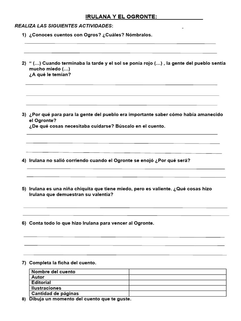IRULANA Y EL OGRONTE Ficha Repaso | PDF