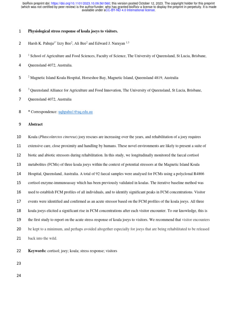 Pahuja - Physiological Stress Response of Koala Joeys To Visitors | PDF ...